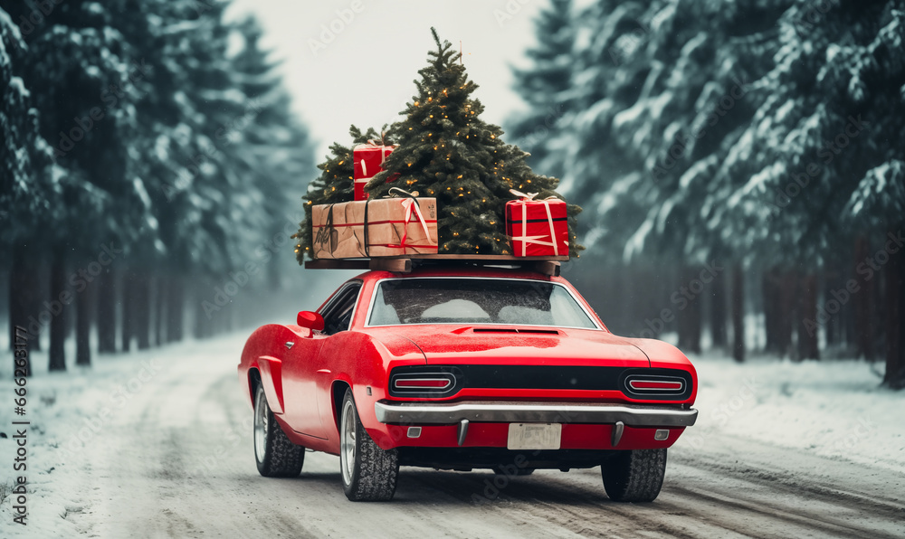 Red Santa's car with gift boxes and christmas tree on the top. Merry ...