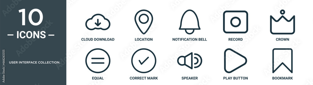 Vetor de user interface collection. outline icon set includes thin line cloud download, location ...