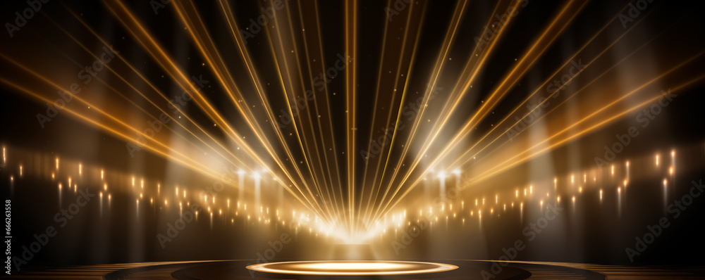 Gold lights rays scene background. Golden light award stage with rays ...