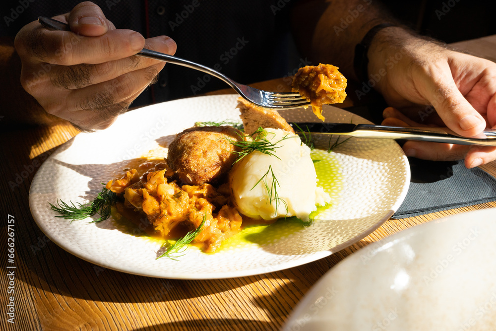 Breaded Meat Cutlets with Mashed Potatoes and Stewed Cabbage Garnish ...