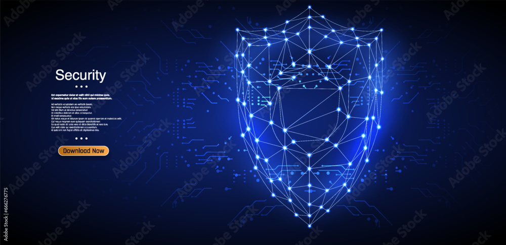 Shield 3d low poly symbol with connected dots for blue landing page. Guard shield. Cyber ...