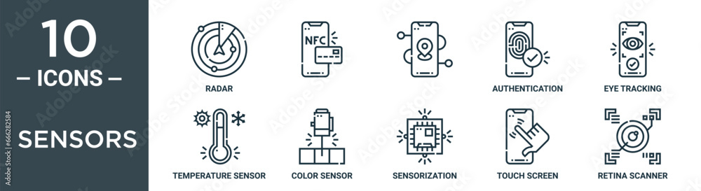 sensors outline icon set includes thin line radar, , authentication ...