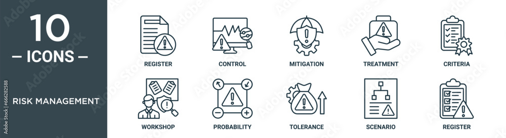 risk management outline icon set includes thin line register, control ...