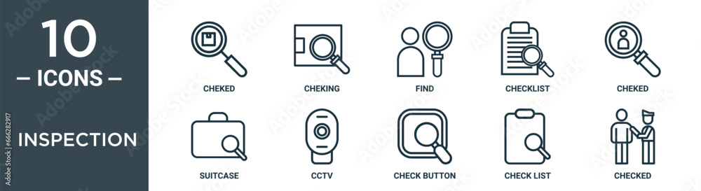 inspection outline icon set includes thin line cheked, cheking, find ...