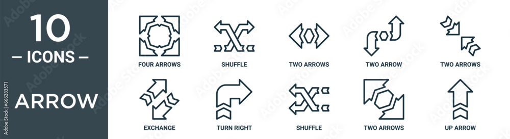 arrow outline icon set includes thin line four arrows, shuffle, two ...