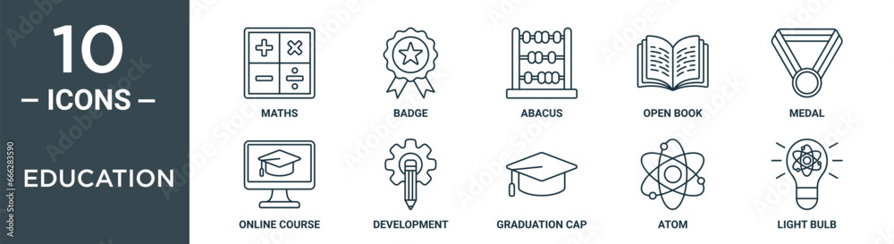 education outline icon set includes thin line maths, badge, abacus ...