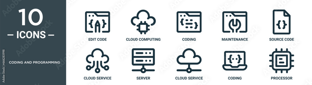 Vetor de coding and programming outline icon set includes thin line edit code, cloud computing ...
