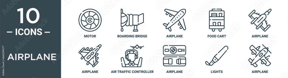 airplane outline icon set includes thin line motor, boarding bridge ...
