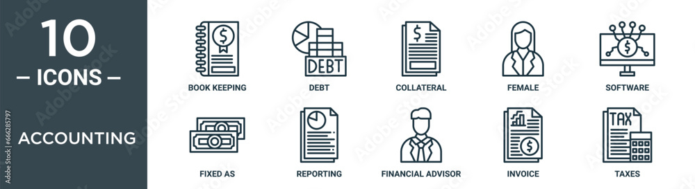 accounting outline icon set includes thin line book keeping, debt ...