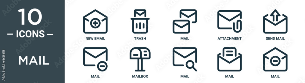 mail outline icon set includes thin line new email, trash, mail ...