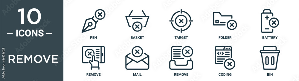 remove outline icon set includes thin line pen, basket, target, folder ...