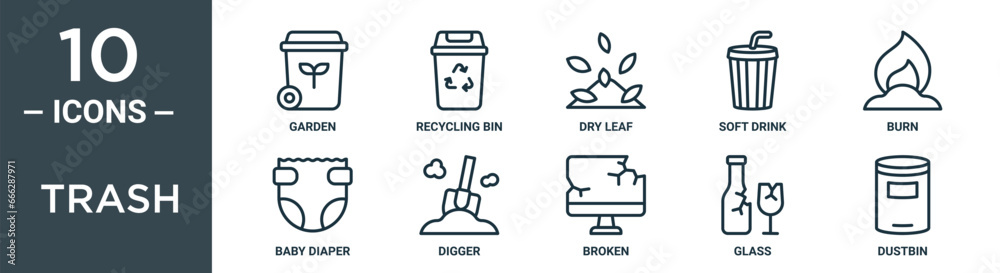 trash outline icon set includes thin line garden, recycling bin, dry ...