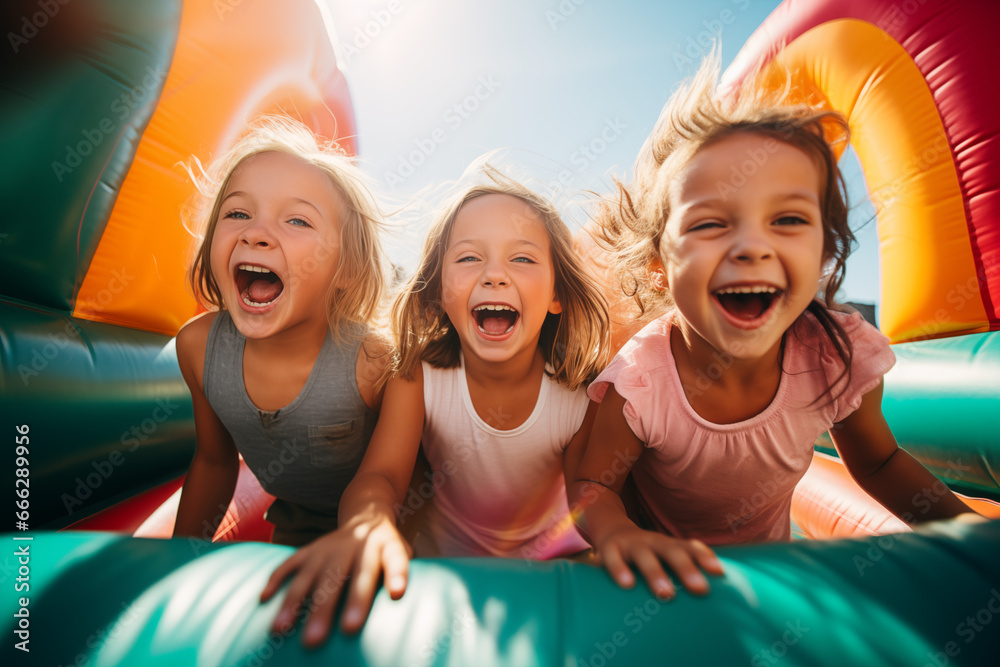 Lachende Kinder haben Spaß auf Hüpfburg Stock Photo | Adobe Stock