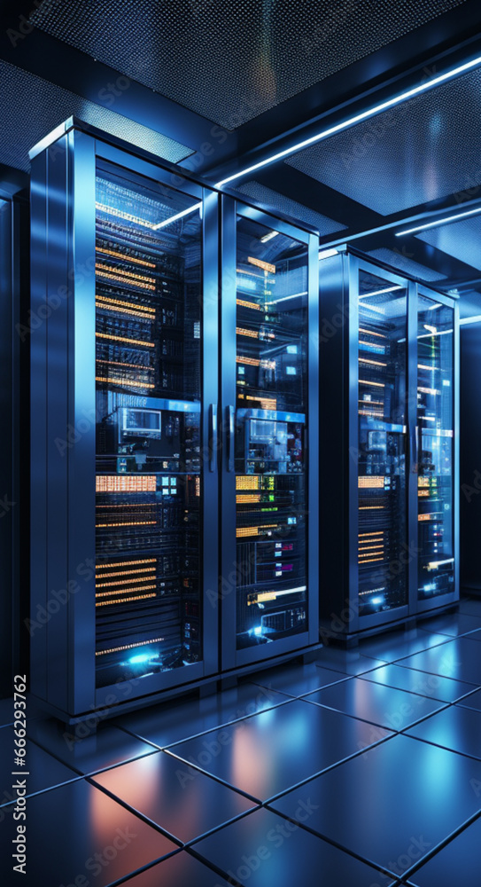 Shot of Dark Data Center With Multiple Rows of Fully Operational Server ...