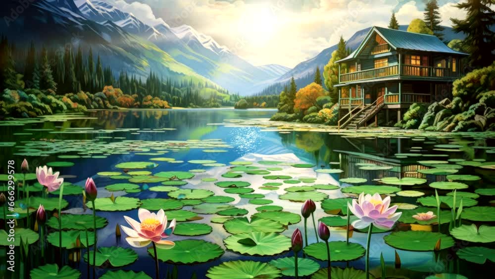 beautiful lake with lotus flower and leaves, and house video background ...
