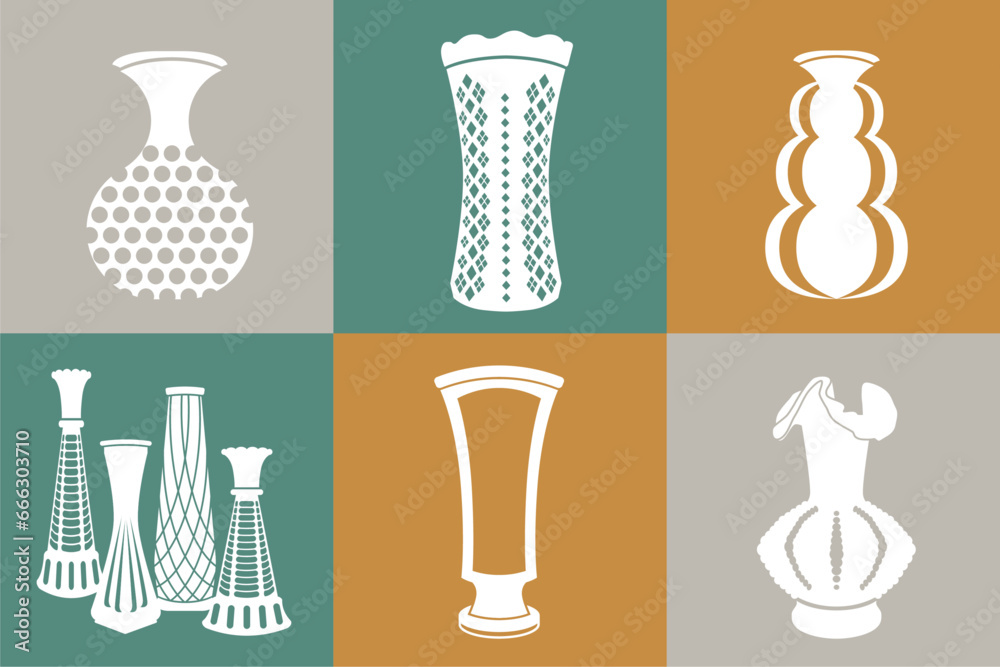 Vintage illustration of white, flat line vases in different shapes, on ...