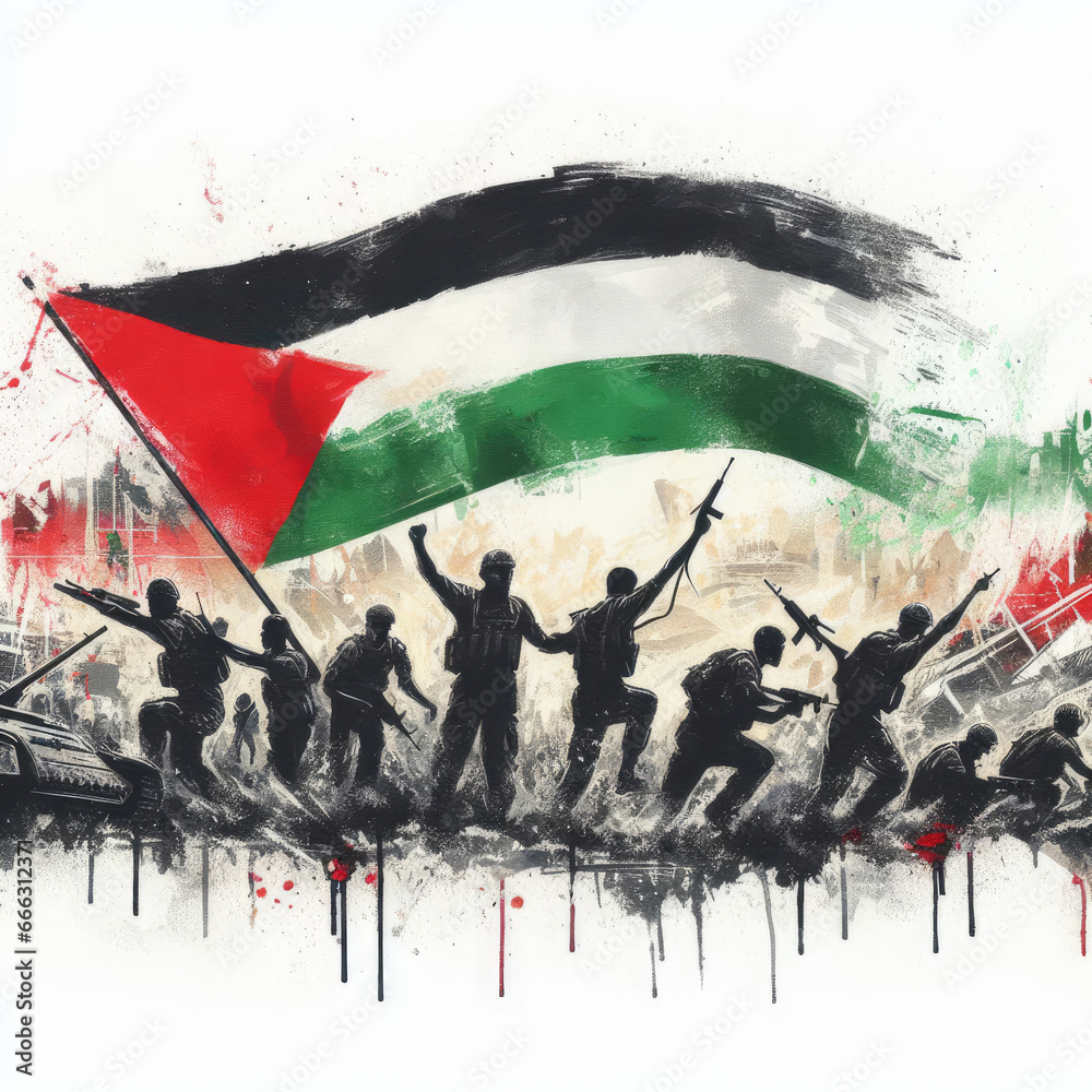 Warrior soldier silhouettes and palestine flag oil painting Stock ...