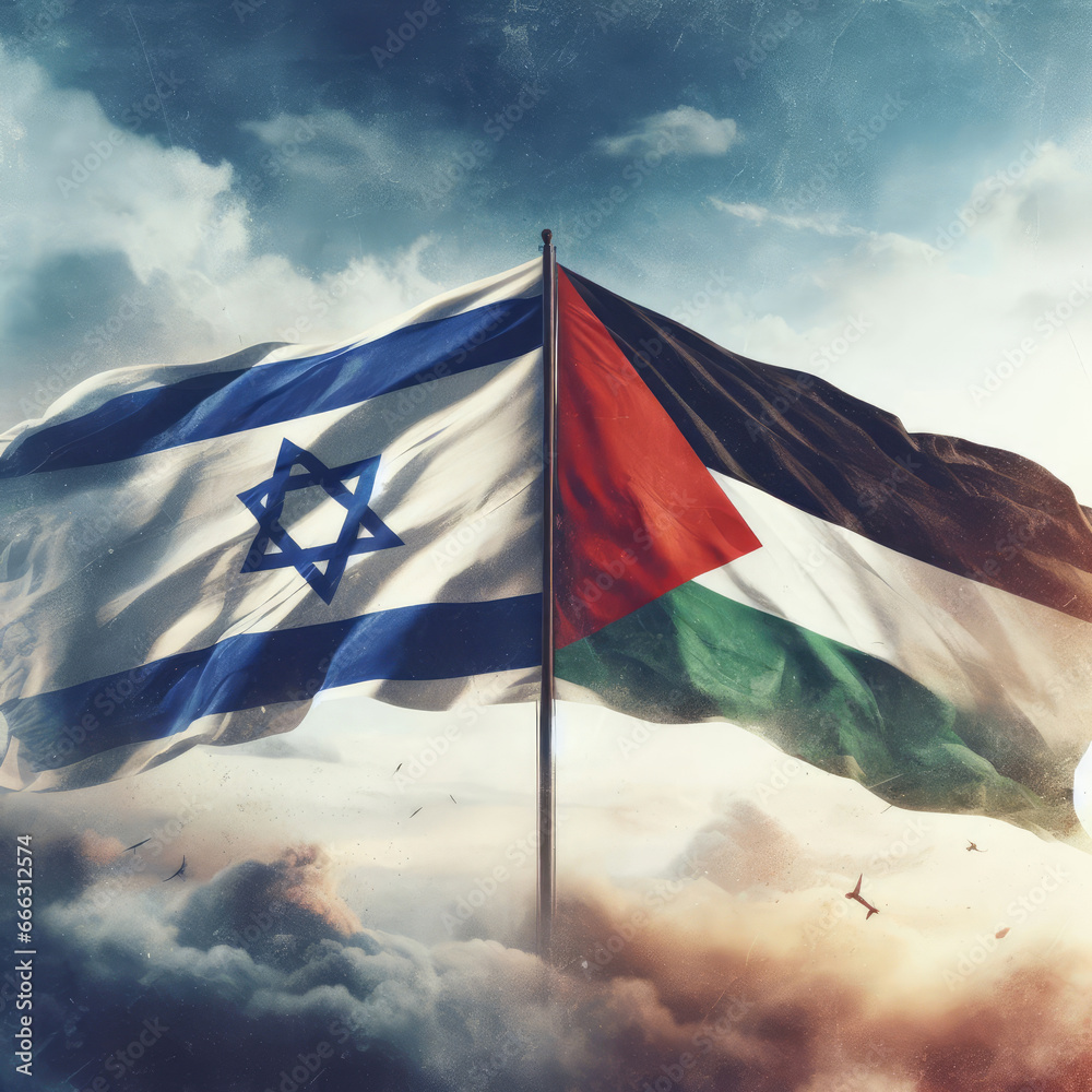 Israel and Palestine flags with peace symbols side by side on sky and ...