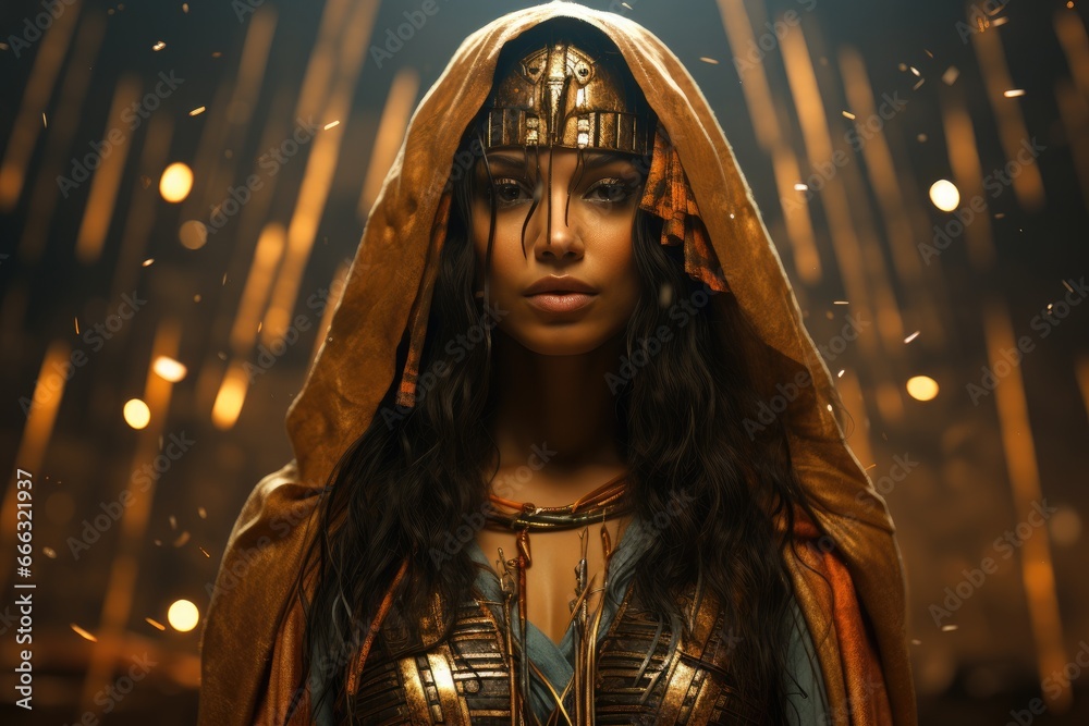 Woman as an ancient Egyptian priestess, hieroglyph-clad temple. Stock ...