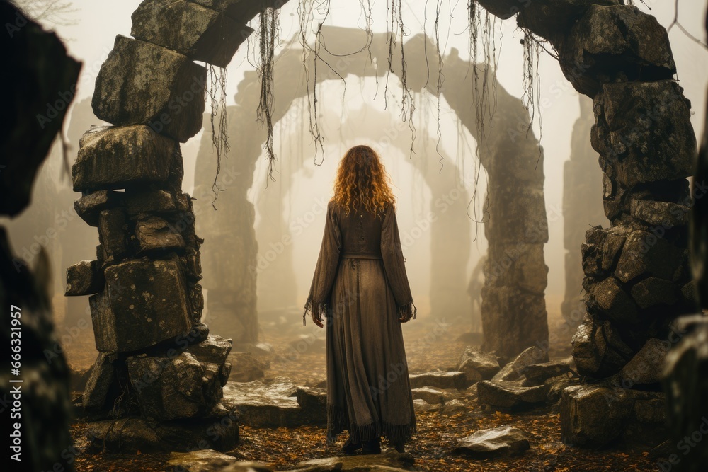 Woman as mystical druid, ancient stone circle with misty aura. Stock ...
