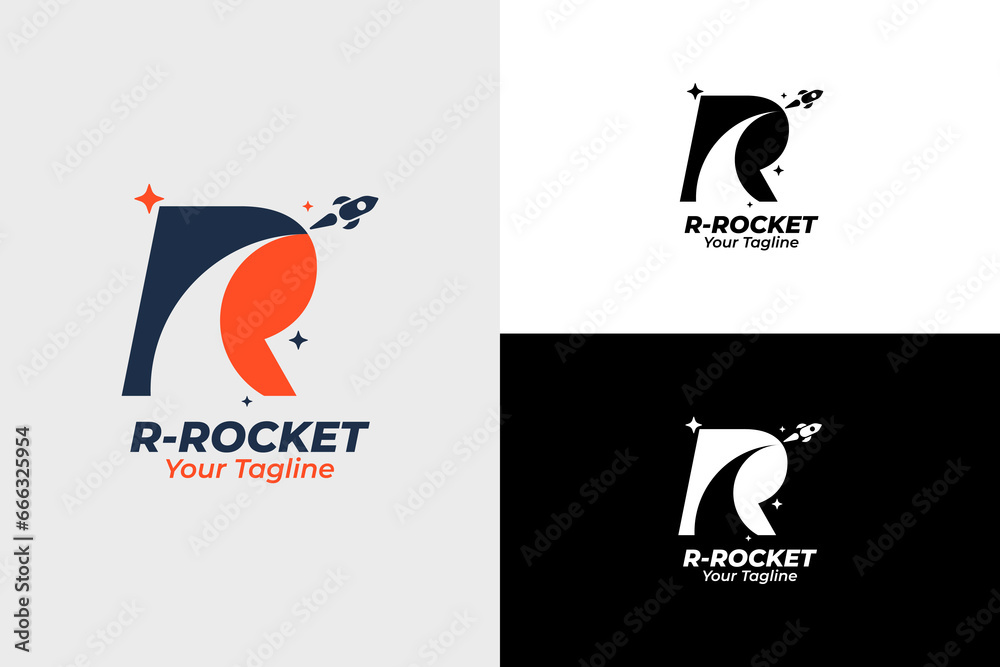 Modern Rocket Logo and letter r. Simple Flying Rocket with Speed Comet ...