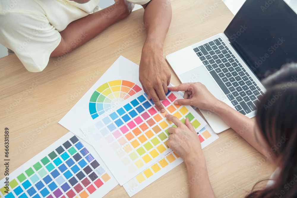 Interior designer team partner engineer brainstorming choosing color ...