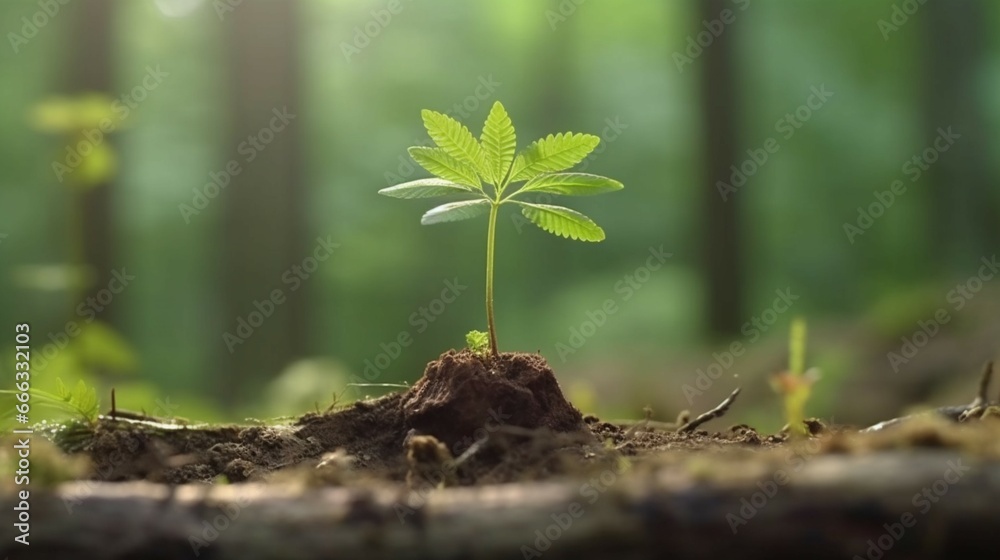 . Young rowan tree seedling grow from old stump generative ai Stock ...