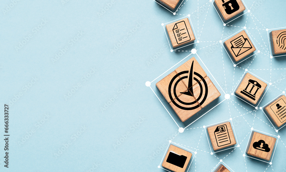 Correct sign or tick mark symbol on wooden block cube linkage another ...