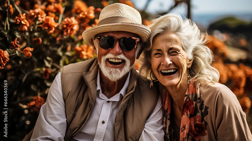a candid photo of a cute old people couple laughing and having fun in ...