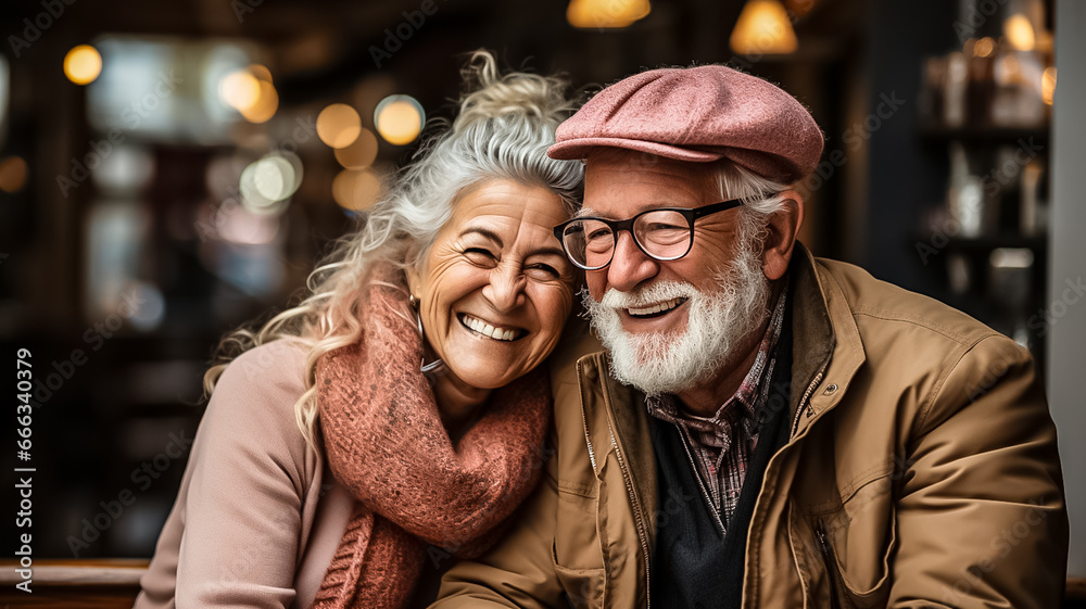 a candid photo of a cute old people couple laughing and having fun in ...