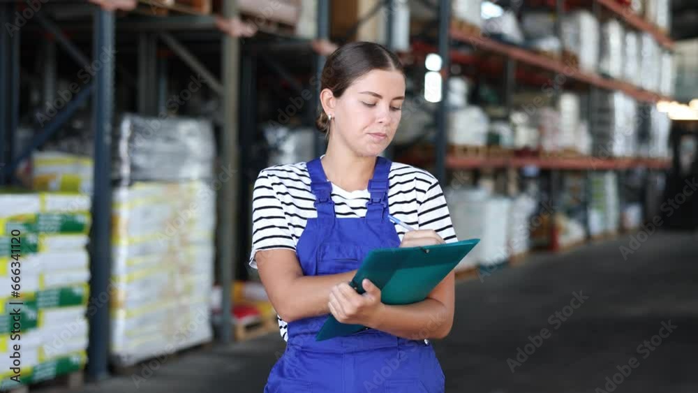In warehouse rack area of store, girl checks availability and quantity ...
