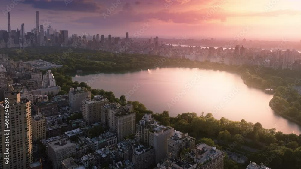 Epic pink sunset above Central park. Scenic lake reflecting beautiful ...