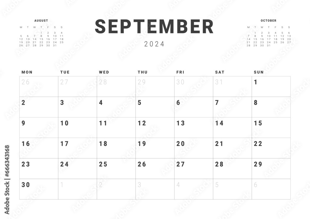 Monthly page Calendar Planner Templates of September 2024. Vector ...
