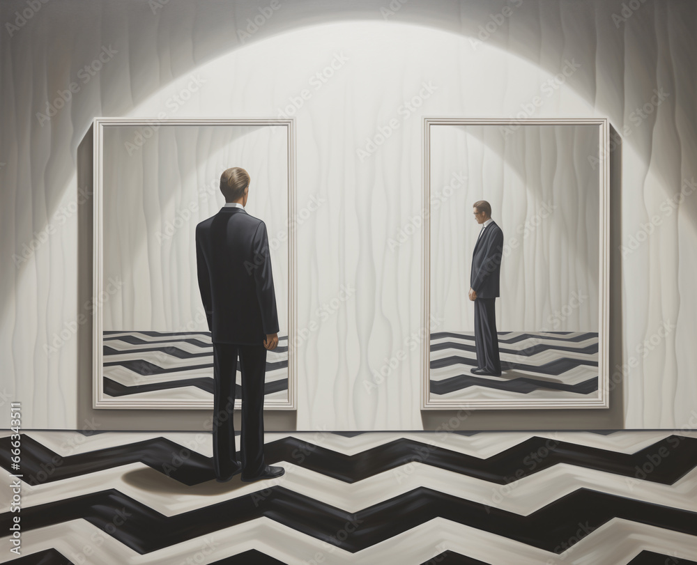 Illustration of a man reflecting himself in the mirror, self ...