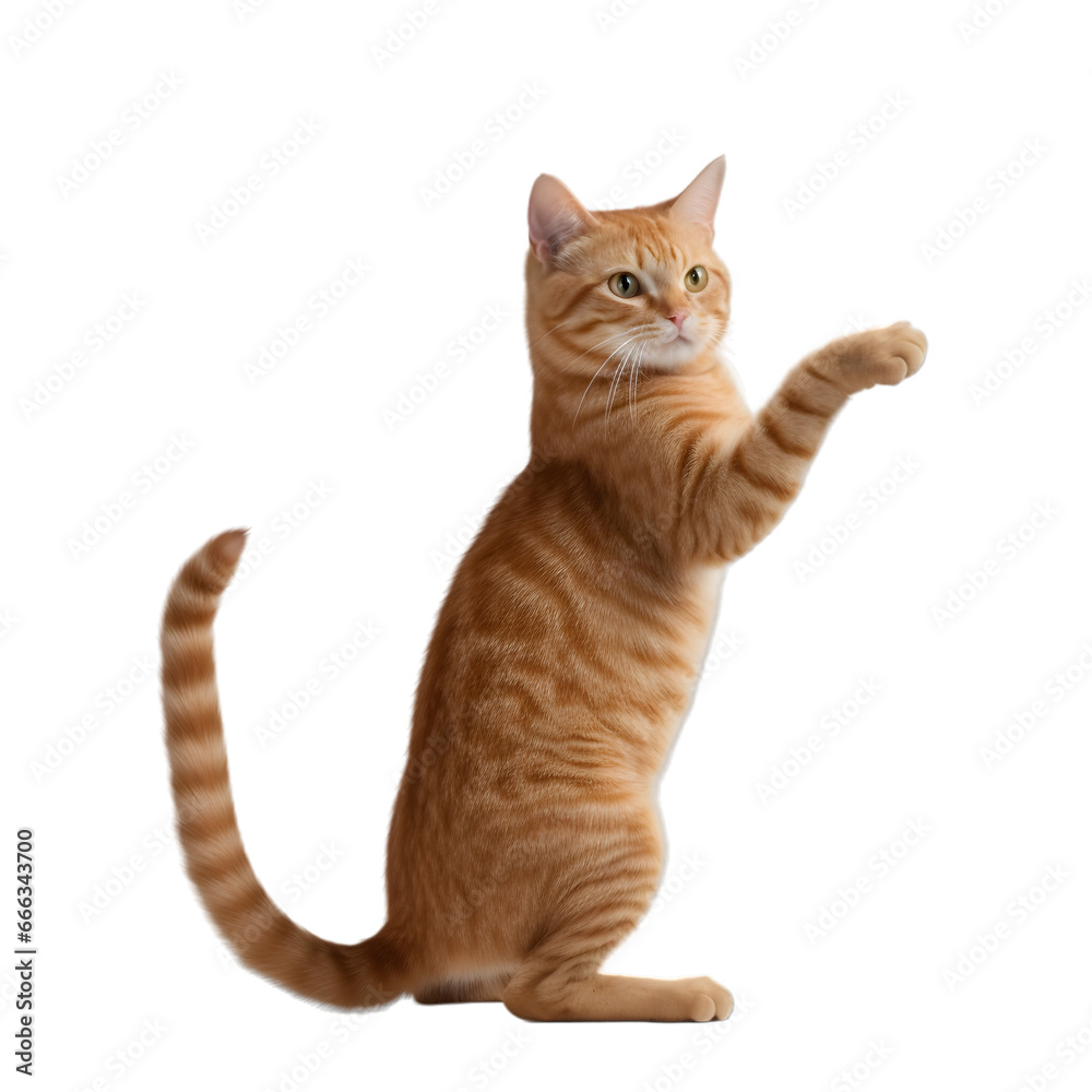 side view of a cute playful ginger cat raising up paw, isolated on ...