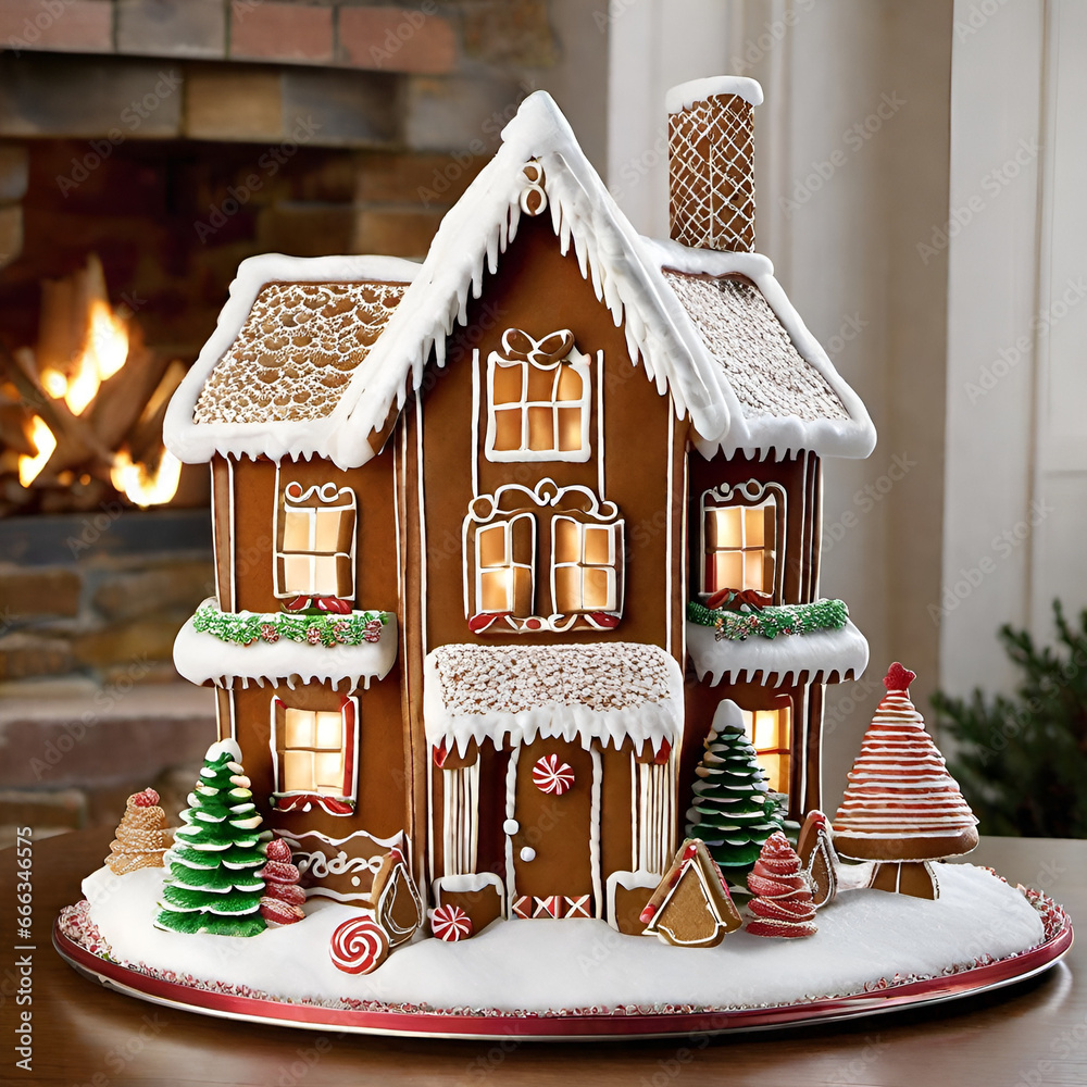 Two story handcrafted gingerbread house with icing dripping from the ...