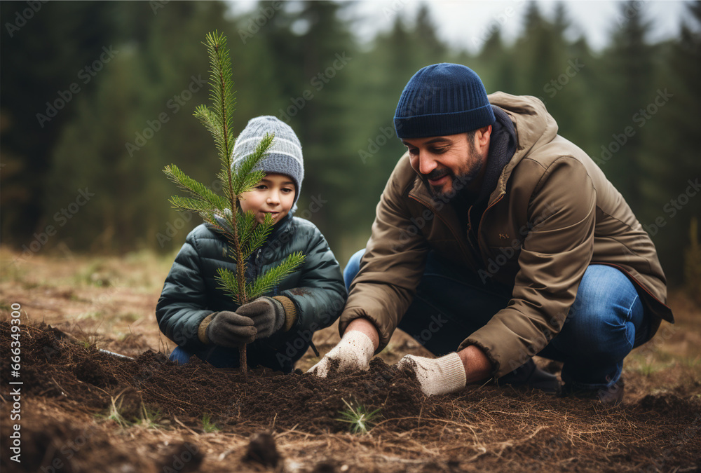Happy father and son planting trees in forest. AI Generated Images ...