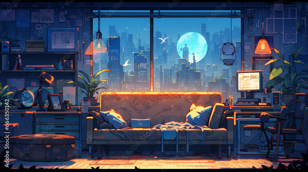 lofi living room with study table, anime style, 80s, aesthetic, pixel ...