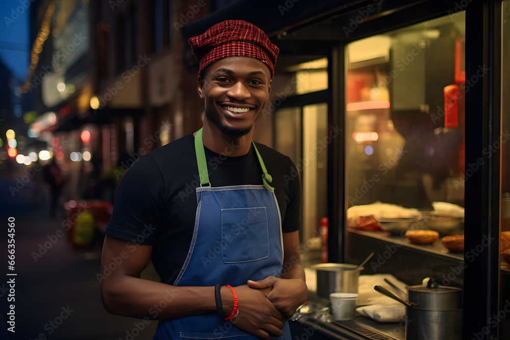 Black man smiling selling food at night market, african american man ...