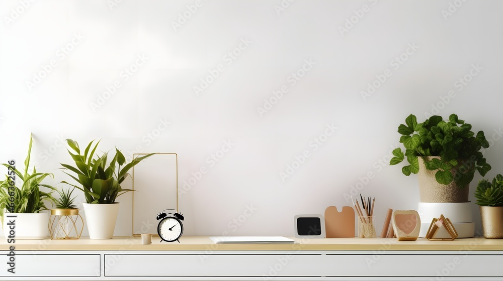 Stylish desk interior with White table background with plant and leaves ...