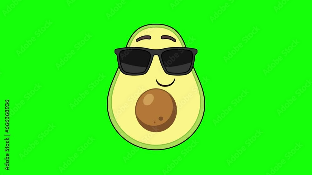 avocado emoji cartoon smiling face with sunglasses, emoticon animation ...