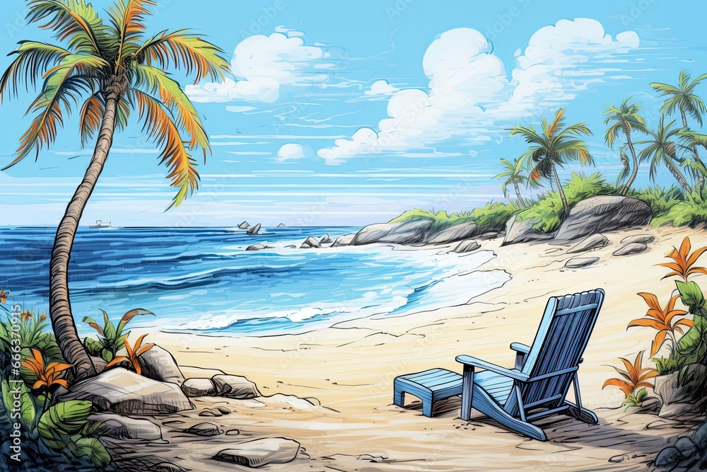 Cartoon Beach Drawing: Creative and Vibrant Beach Scene Illustration ...