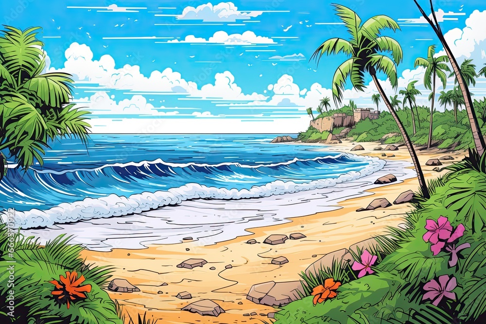Cartoon Beach Drawing: Vibrant and Playful Beachscape Illustration for ...