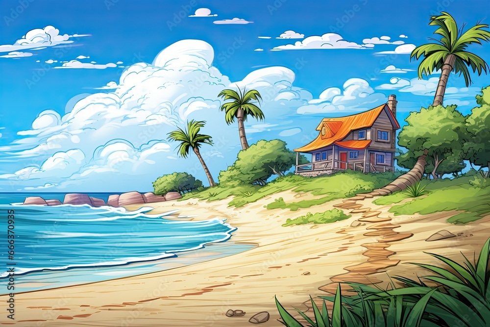 Cartoon Beach Drawing: Vibrant and Playful Beach Illustration Stock ...