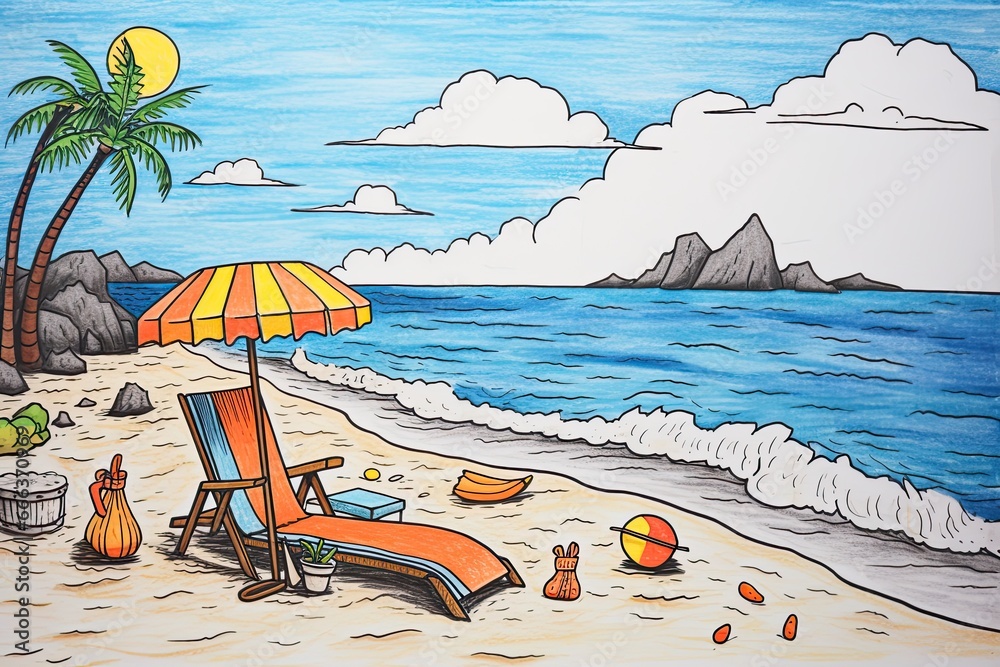 Cartoon Beach Scene: Vibrant Beach Drawing Illustration Stock ...
