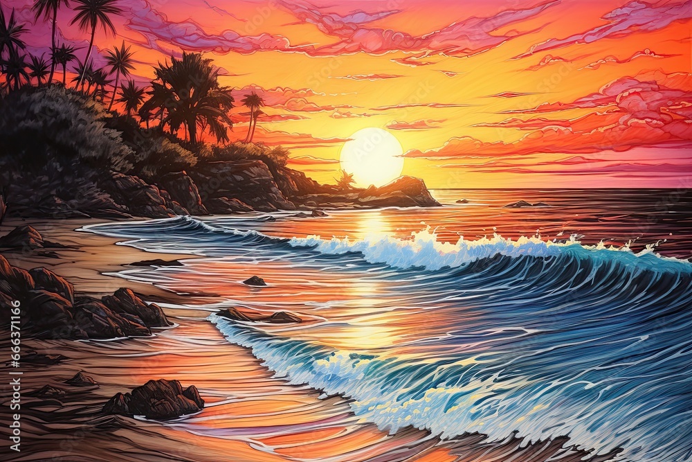 Beach Landscapes in Stunning Sunset: A Breathtaking Drawing of Coastal ...