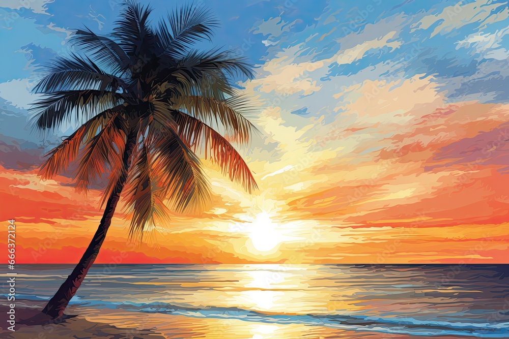 Beach Sunset Drawing: Palm Tree on Tropical Beach with Blue Sky and ...