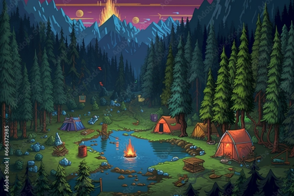 A retro pixel art landscape of camping in a forest with tents, bonfires ...