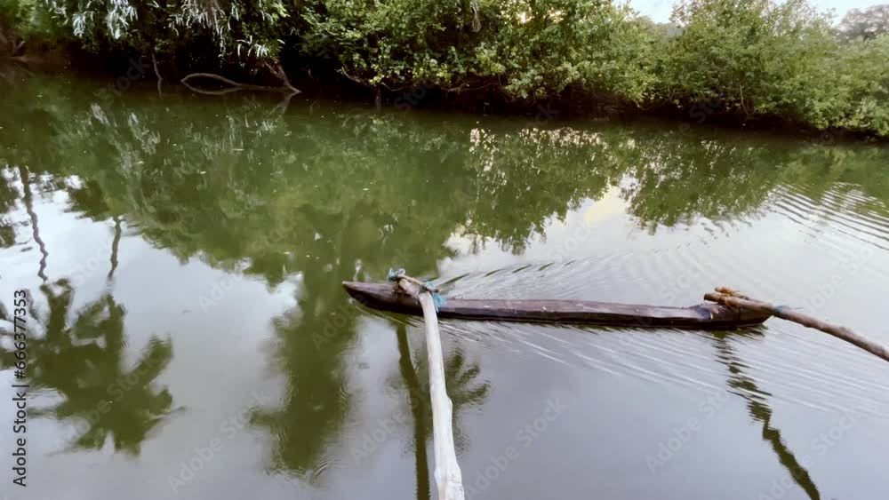 Wooden oars floating with reflection of palm trees in Saleri River Goa ...