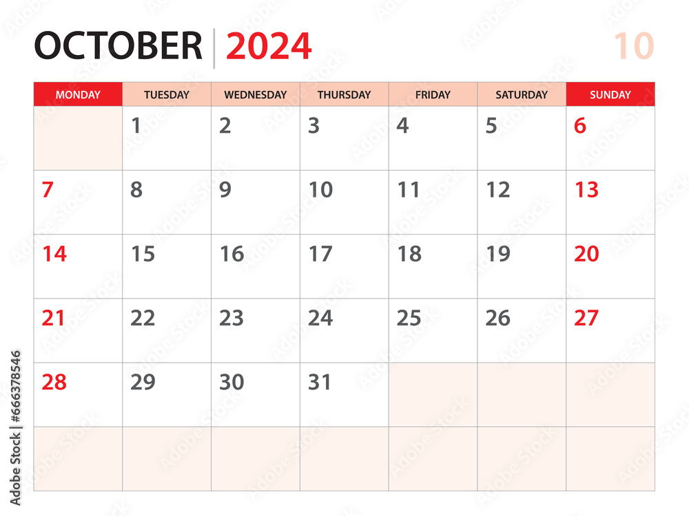 Calendar planner 2024 -October 2024 template, week start on Monday ...